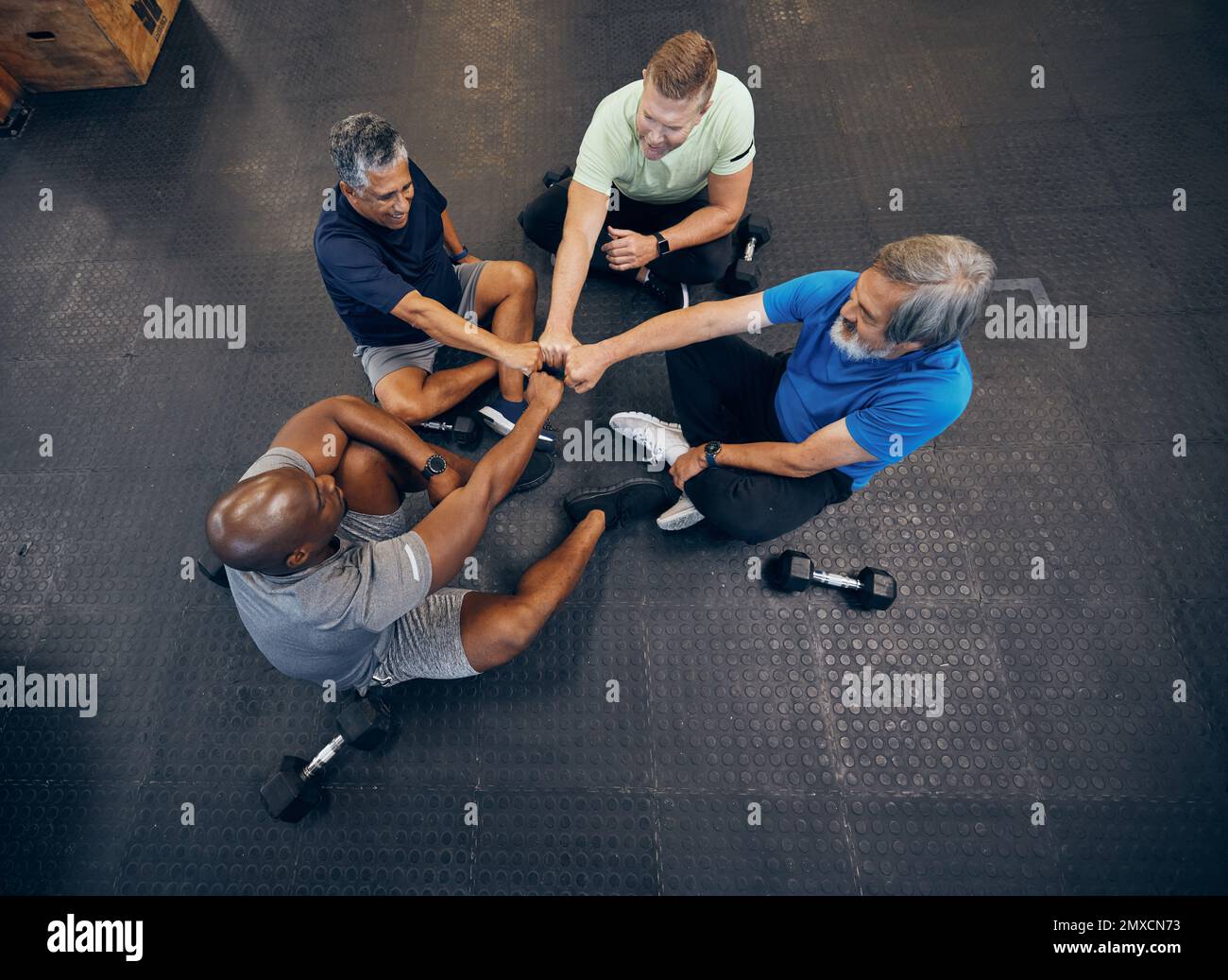 Team, fitness and teamwork by senior men exercise, workout and training ...