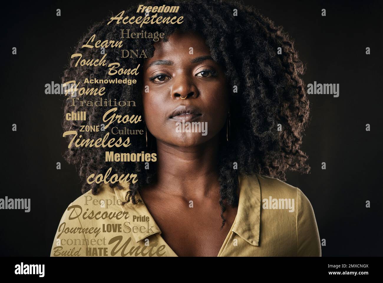 Beauty, portrait and black woman in a studio with a quote for ...