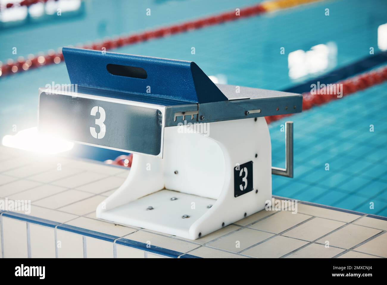 Swimming, sports and podium number by pool for training, exercise and ...