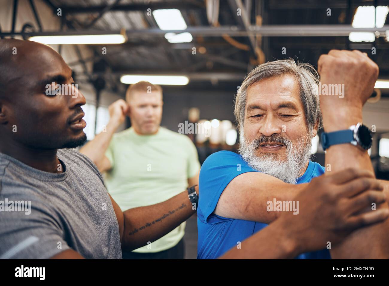 Fitness, senior man and personal trainer with stretching support ...