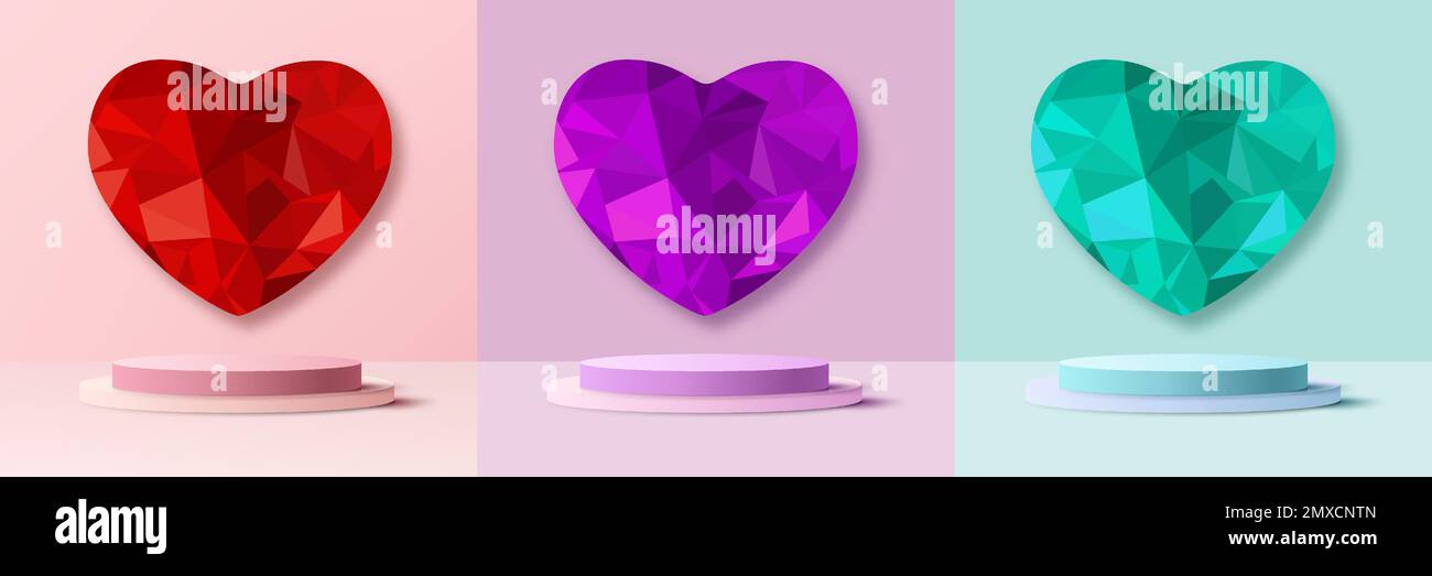 Set of 3D realistic white and pink, purple, blue colour podium platform ...