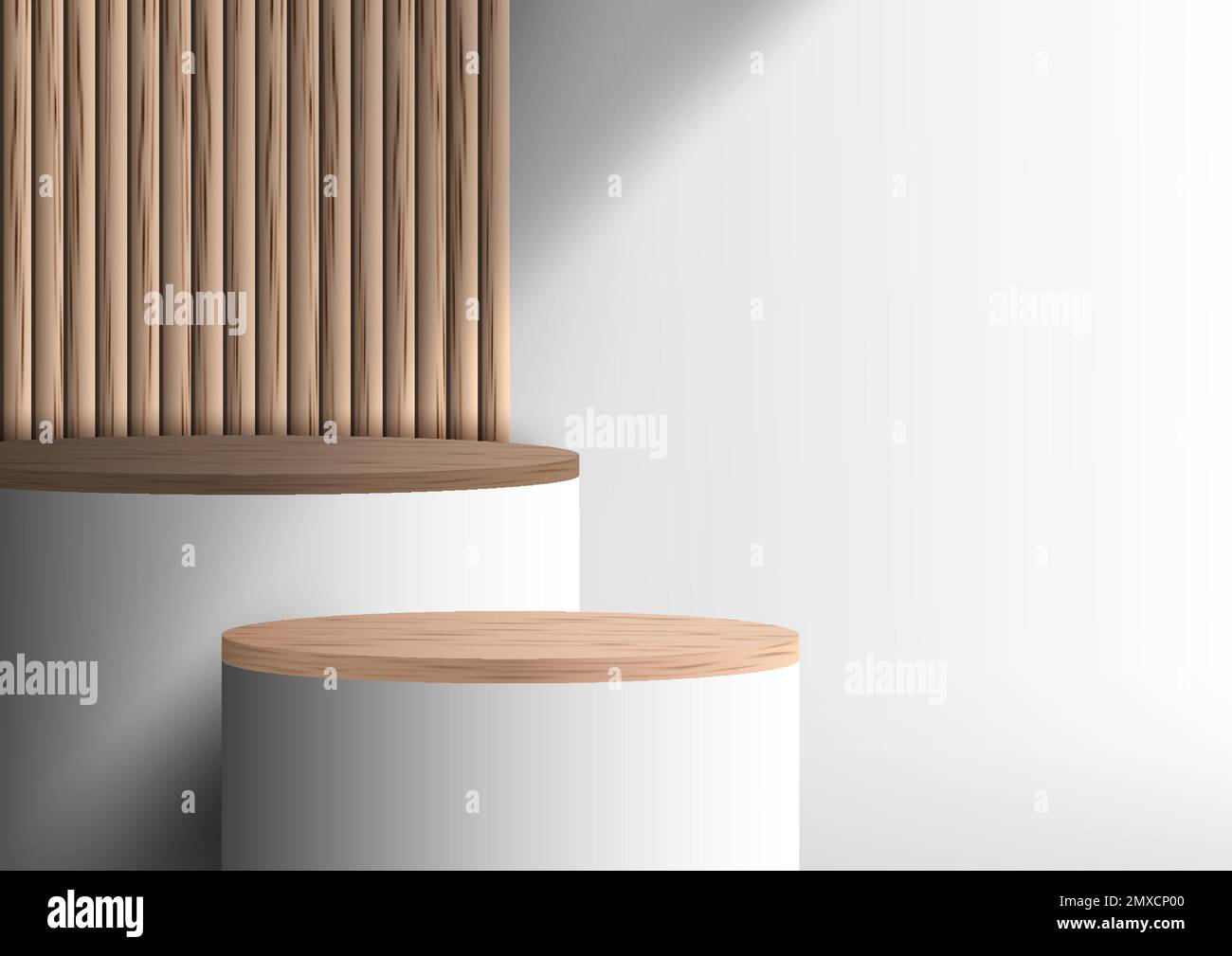 3D realistic top of wood surface white podium stand pedestal with ...