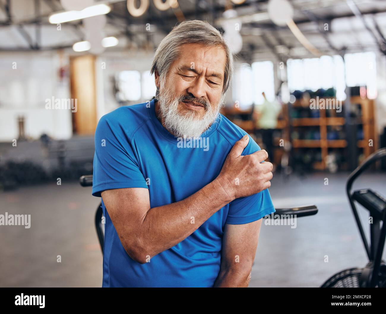 Sports, gym and shoulder injury, old man in pain and emergency during ...