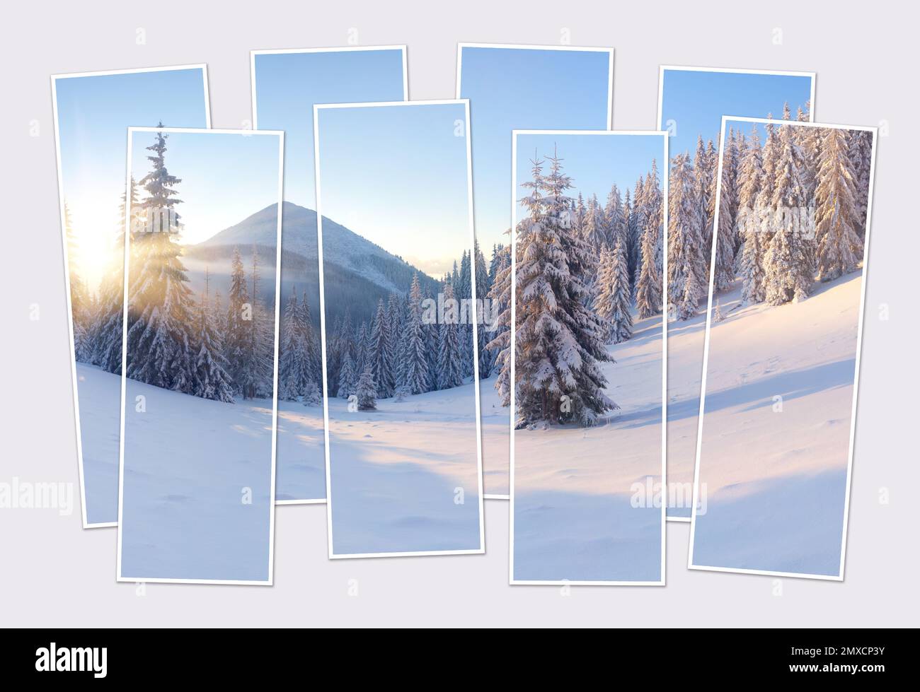 Isolated eight frames collage of picture of frosty mountain valley ...
