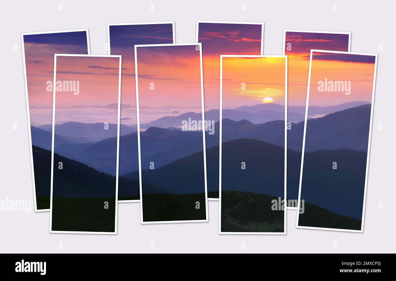 Isolated eight frames collage of picture of amazing sunrise in the ...