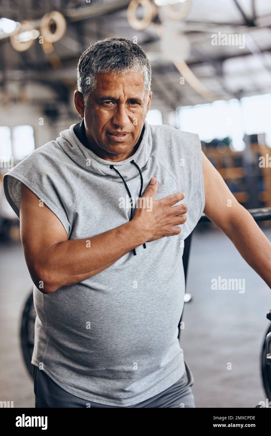 Fitness, gym and old man with pain in chest, medical emergency during ...