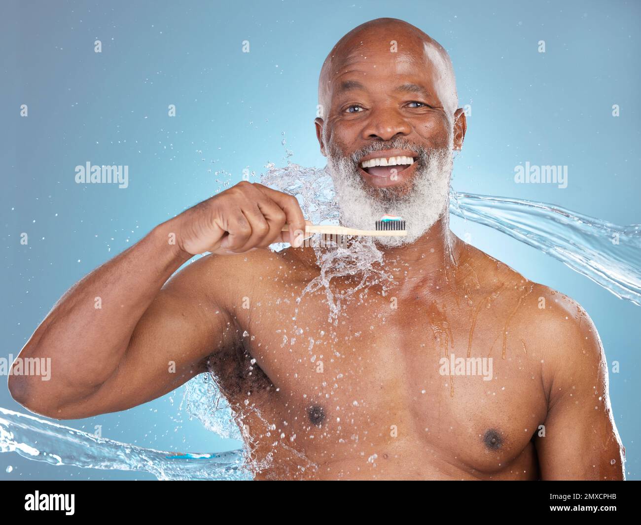 Portrait, water splash and black man with toothbrush, toothpaste or ...
