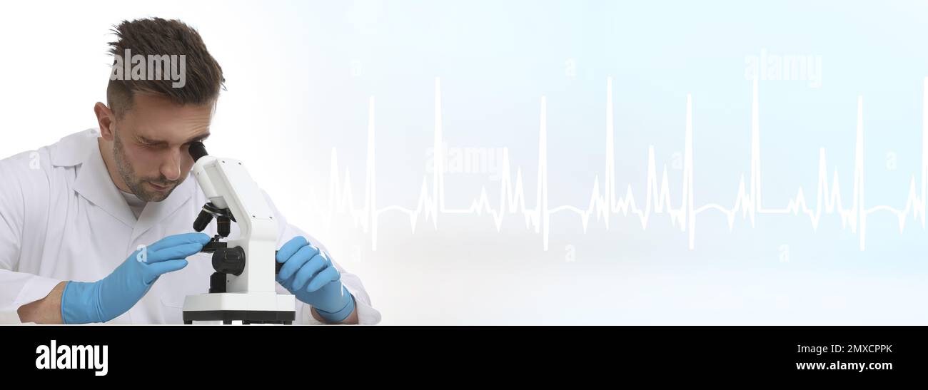 Laboratory assistant using microscope on white background. Health care ...