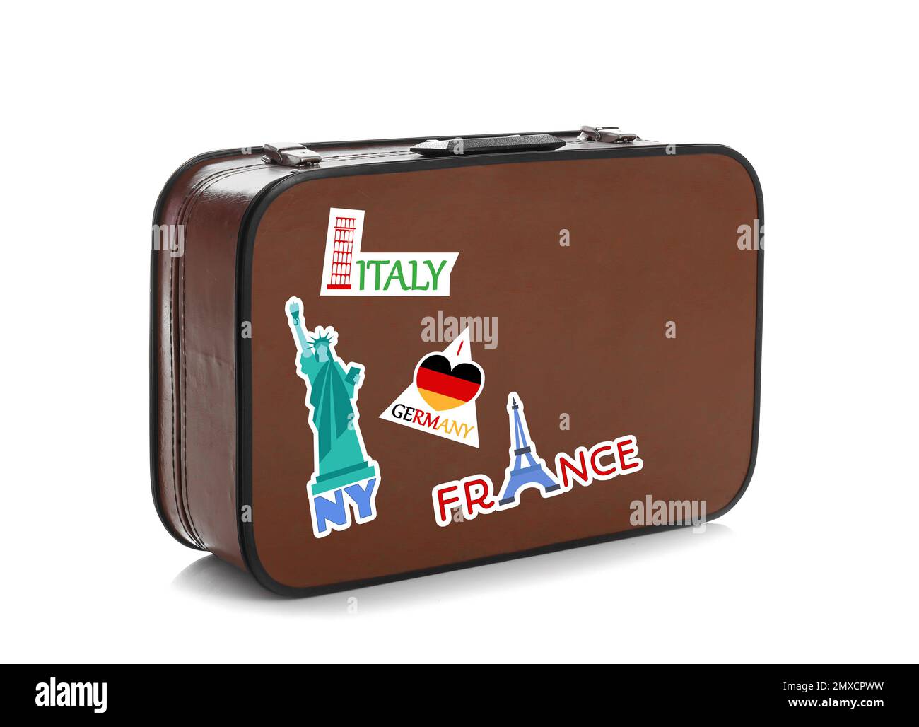 Classic suitcase with travel stickers on white background Stock Photo ...