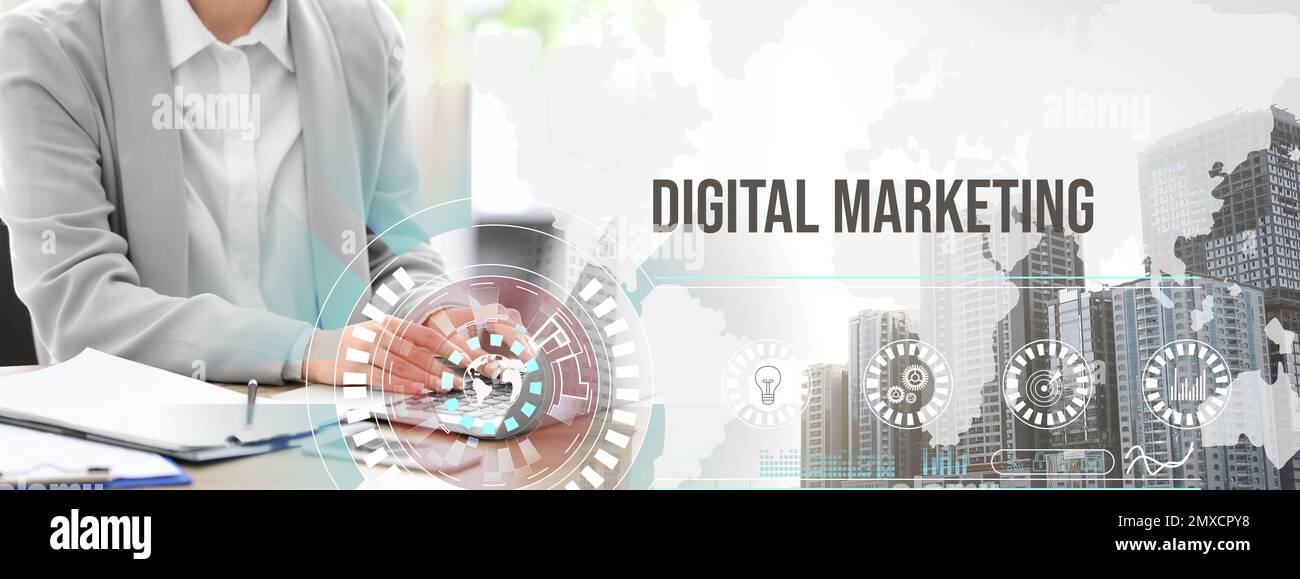 Multiple exposure of woman working on laptop, cityscape and text ...