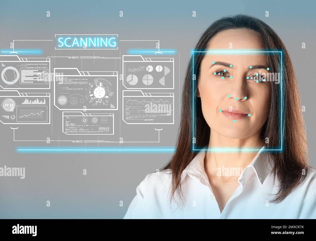 Facial Recognition System Woman With Scanner Frame On Face And