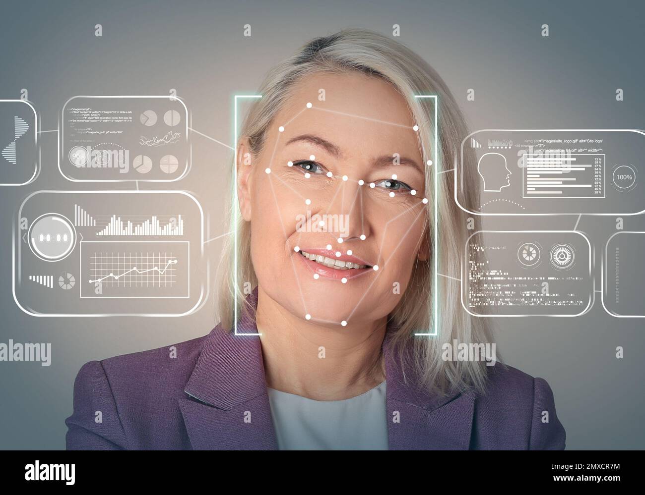 Facial recognition system. Woman with scanner frame on face and ...