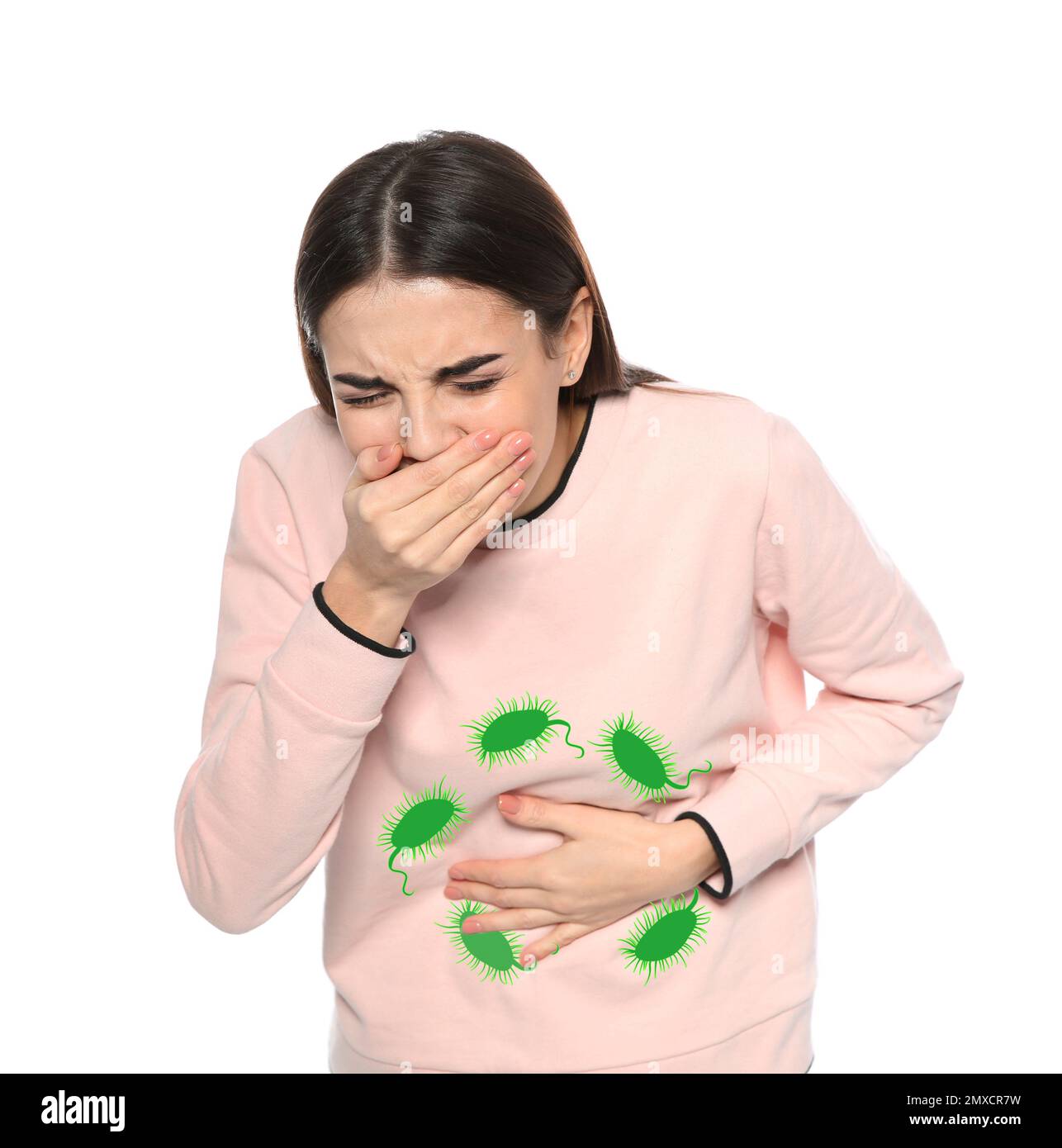 Young woman suffering from nausea and bacteria illustration on white ...