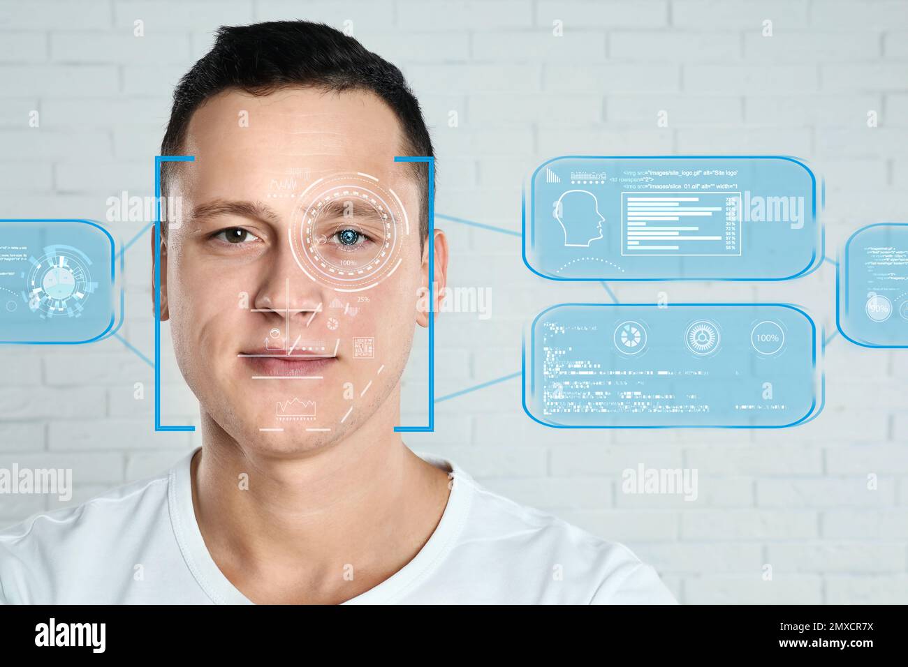 Facial recognition system. Man with scanner frame on face and ...