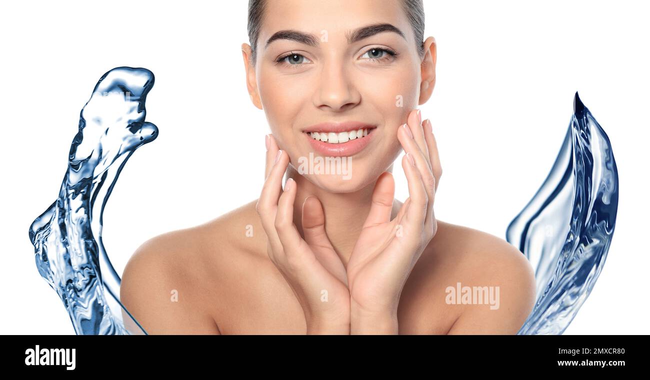 Beautiful woman with perfect skin and splashes of clear water on white ...