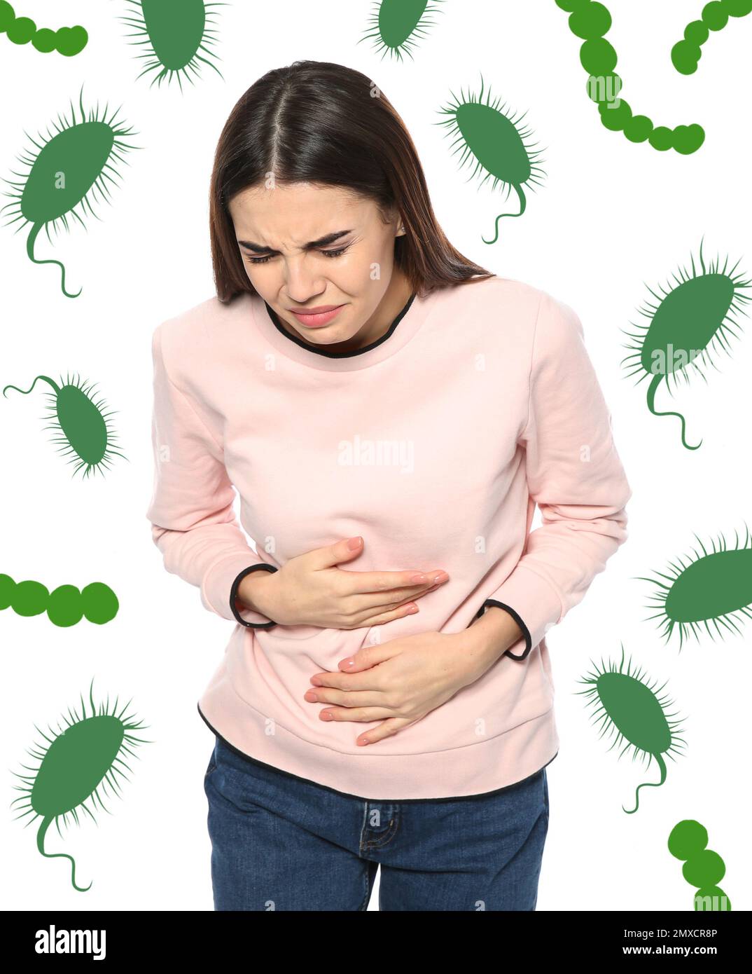 Young woman suffering from digestive disorder and bacteria illustration ...