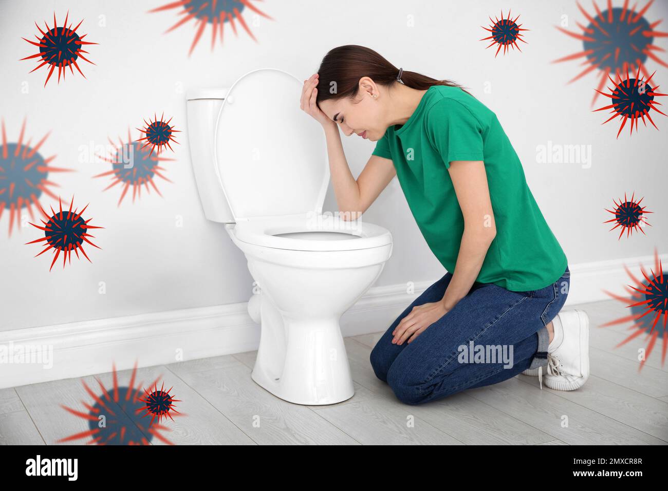 Young woman suffering from nausea at toilet bowl and bacteria ...