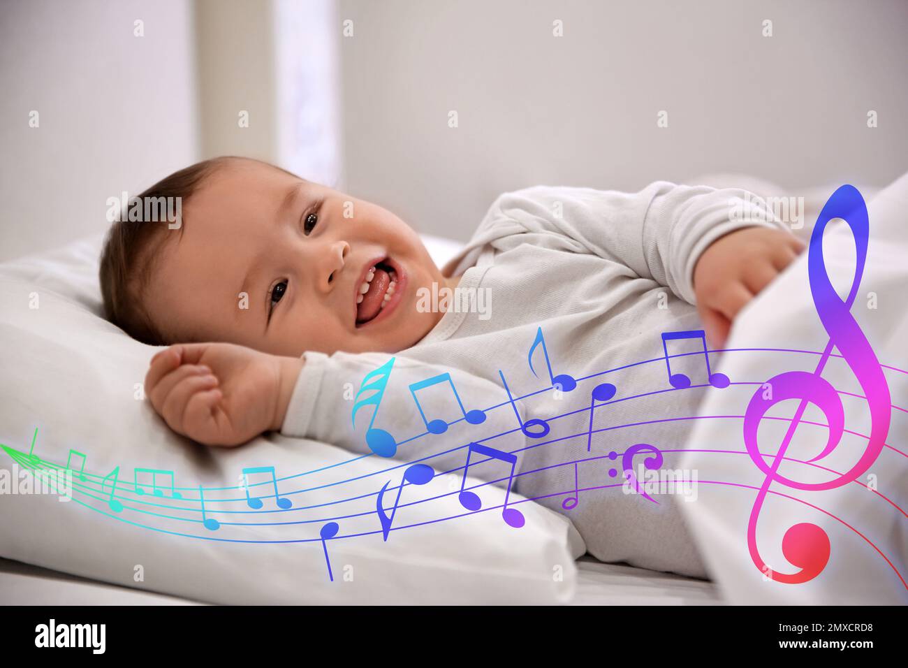 Flying music notes and cute little baby lying in comfortable crib ...