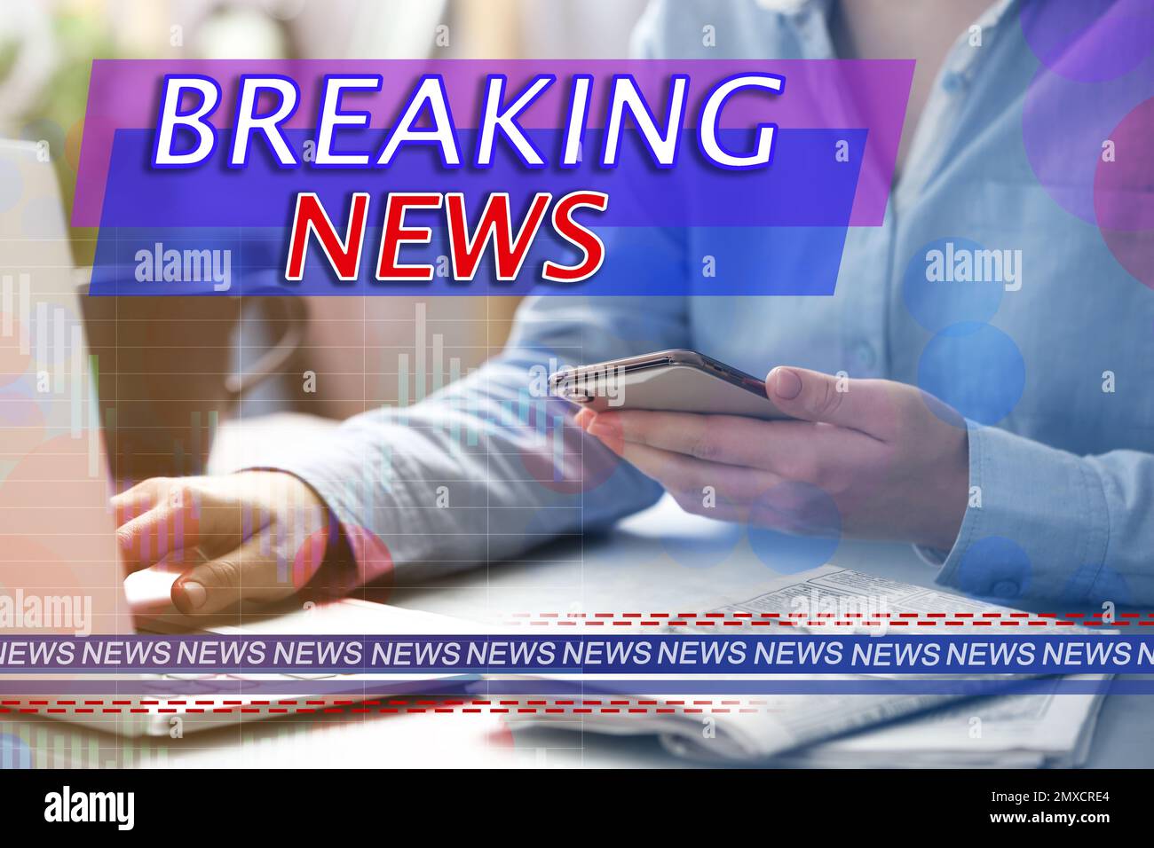 Breaking News. Journalist working with laptop indoors, closeup. Digital ...