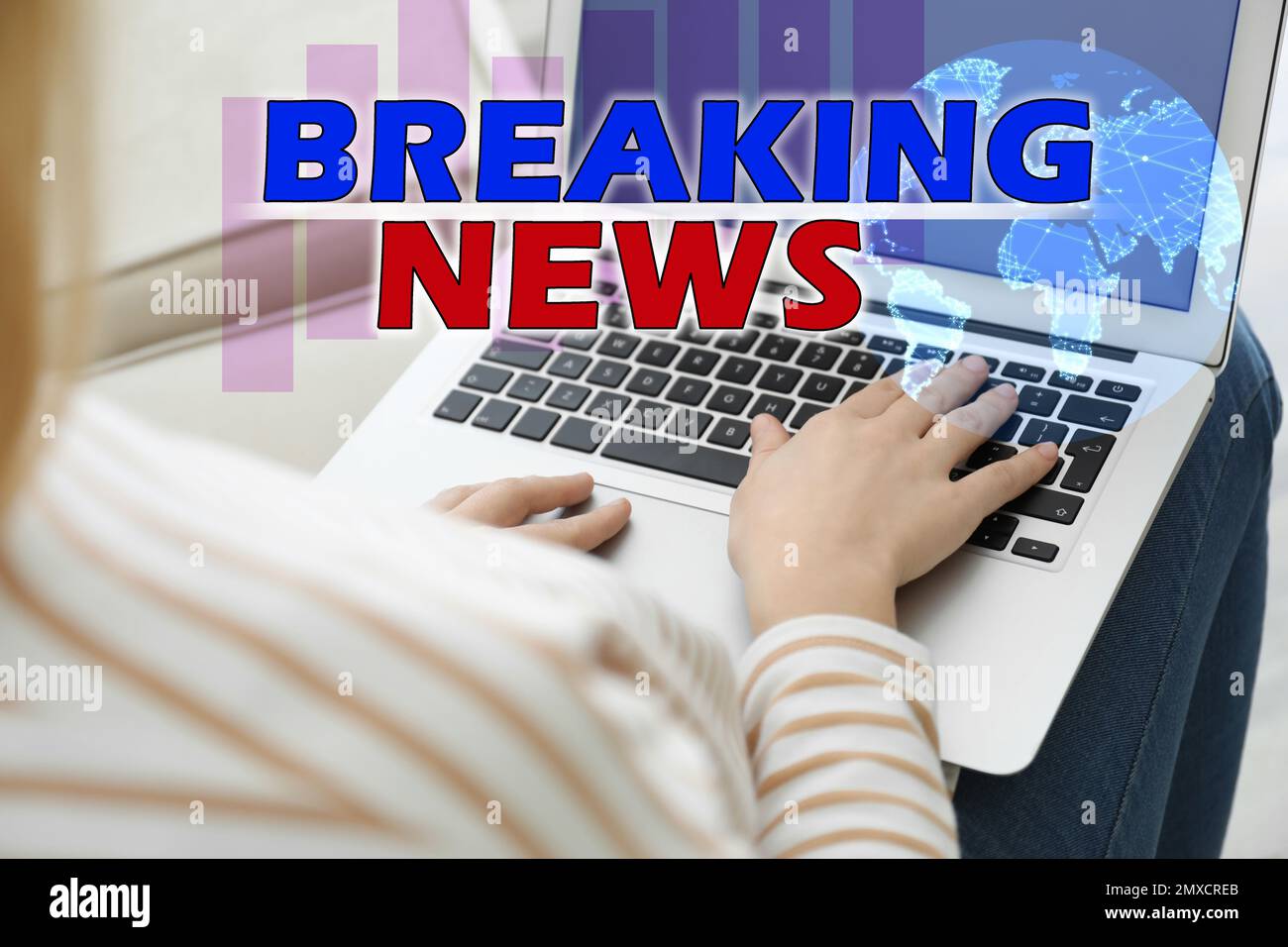 Breaking News. Journalist working with laptop indoors, closeup. Digital ...