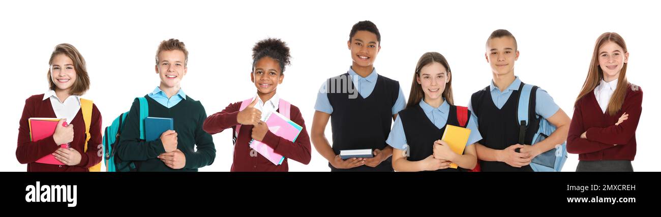 Children in school uniforms on white background. Banner design Stock ...