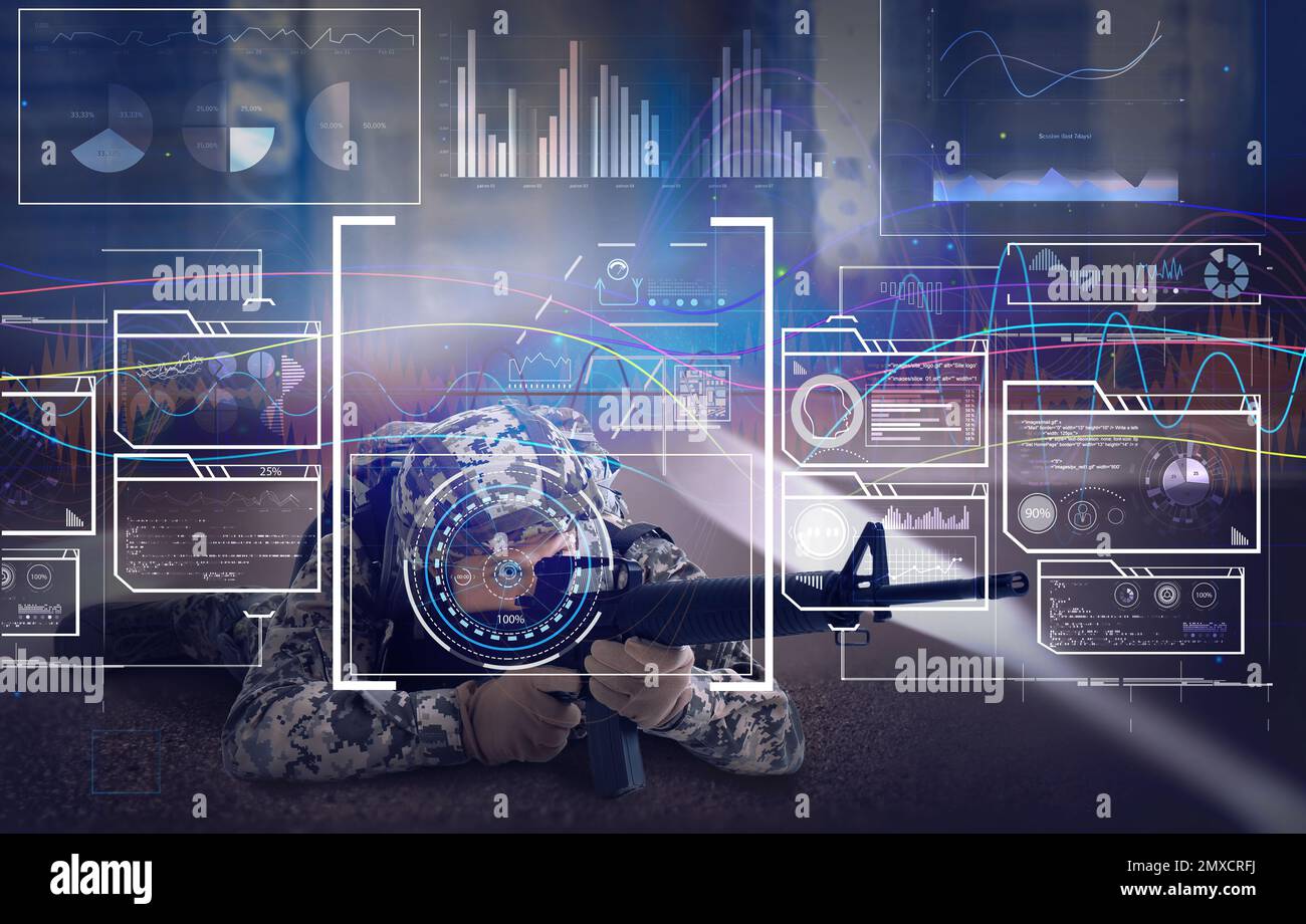 Double exposure of soldier with machine gun and different schemes ...