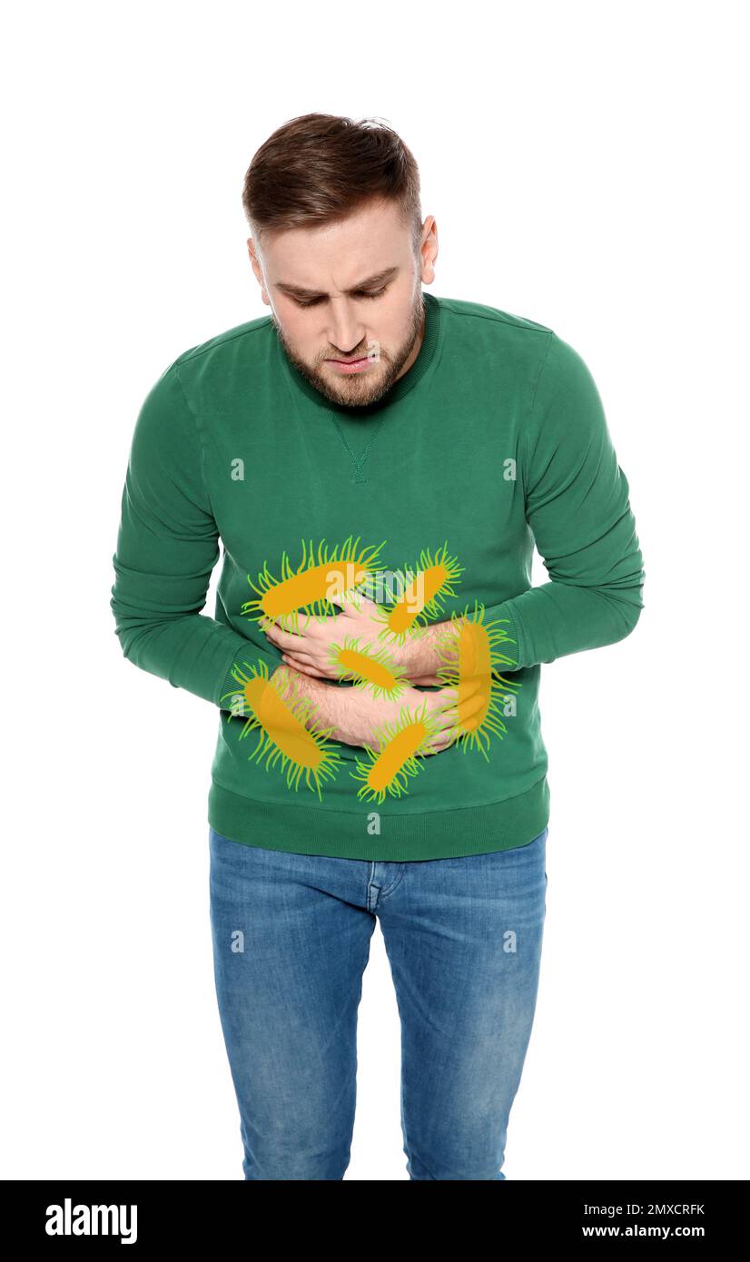 Young man suffering from digestive disorder and bacteria illustration ...