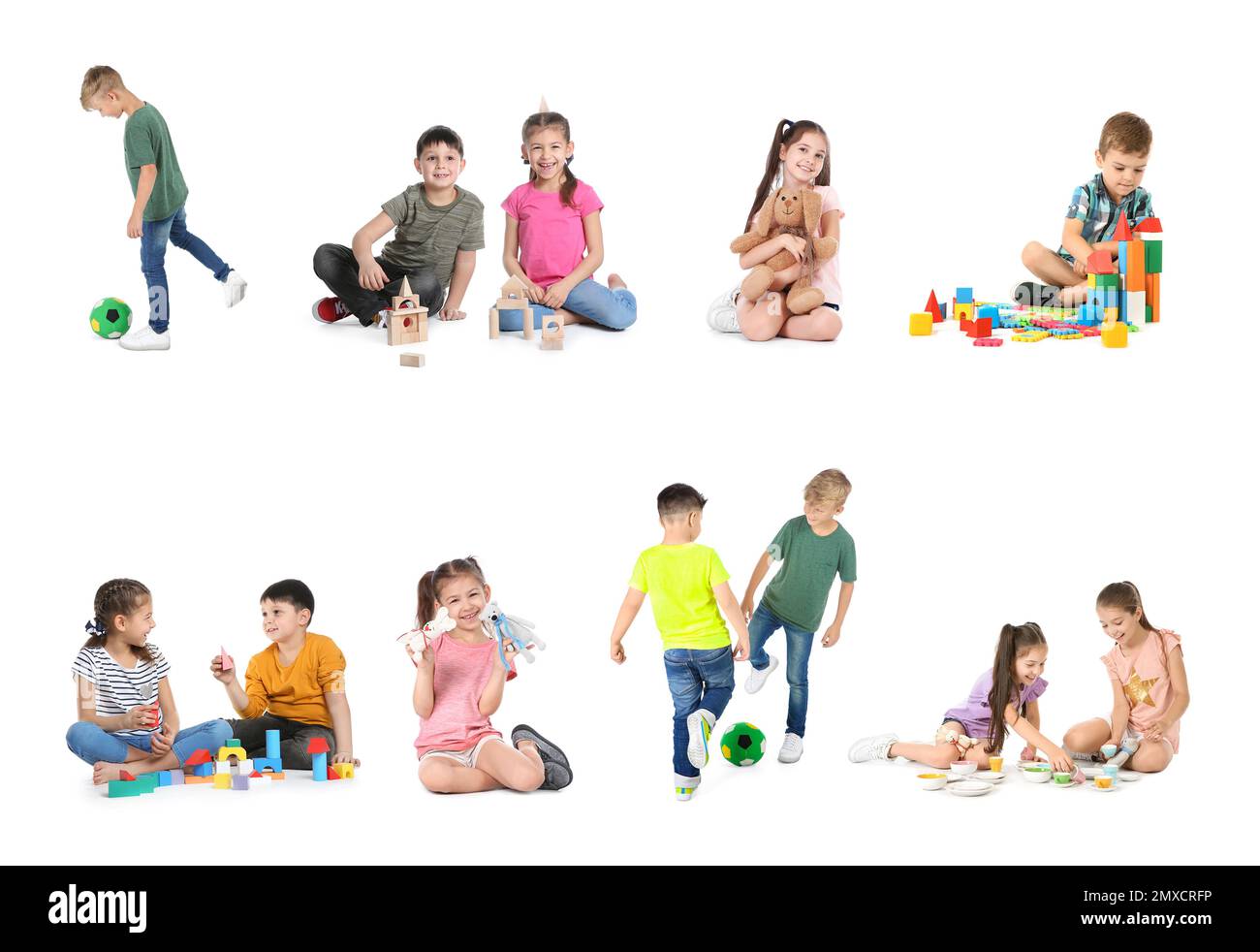 Collage of cute little children playing on white background Stock Photo ...