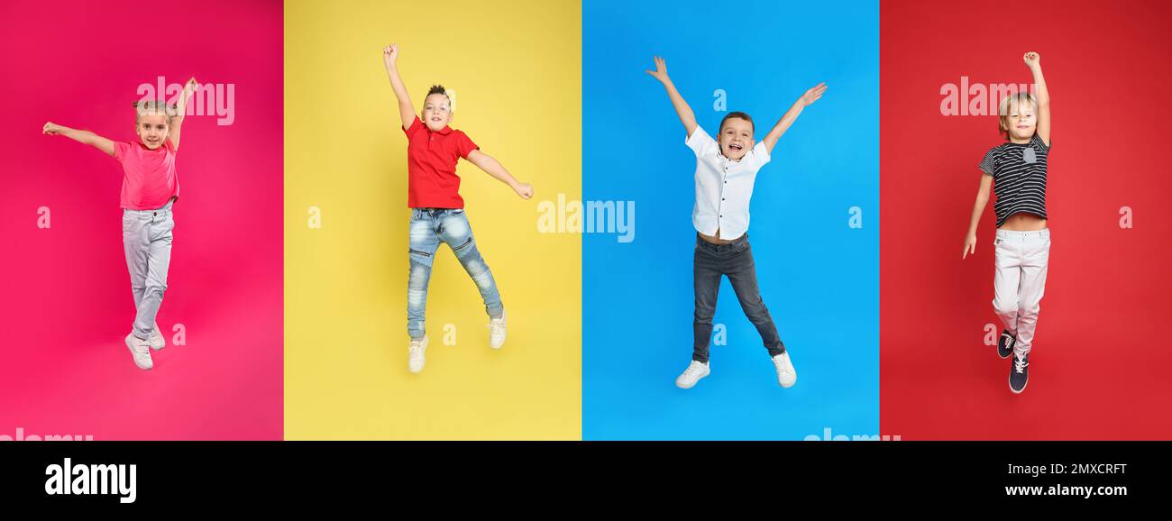 Collage of jumping schoolchildren on color backgrounds. Banner design ...