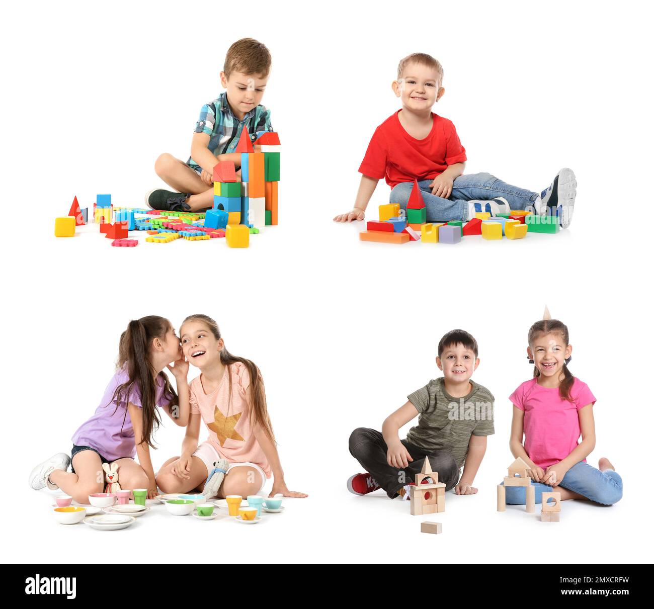 Collage of cute little children playing on white background Stock Photo ...