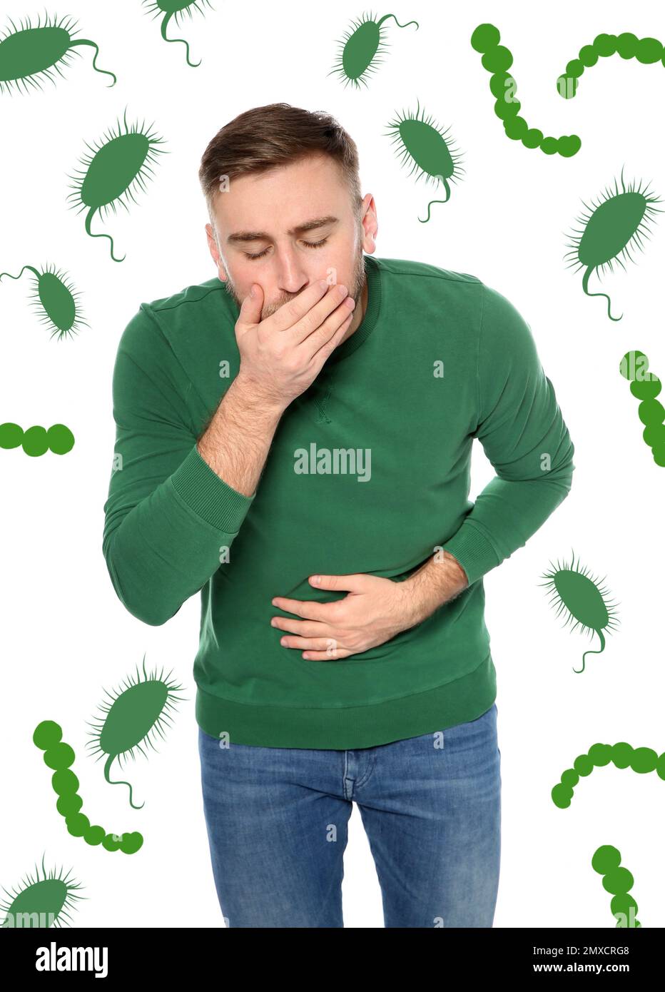 Young man suffering from nausea and bacteria illustration on white ...