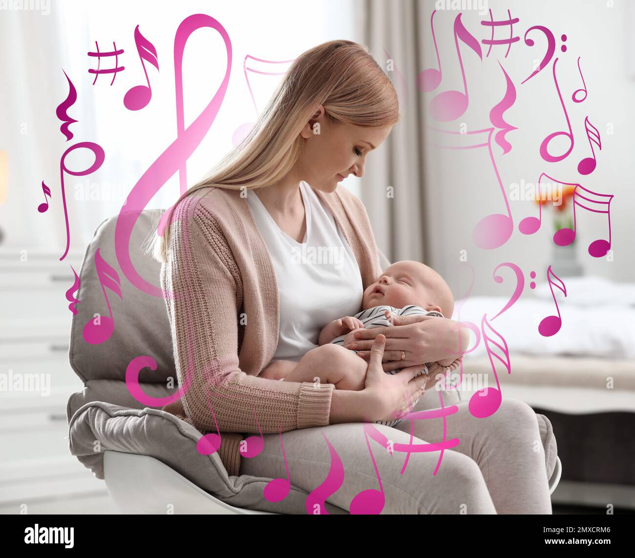 Flying music notes and young mother with her little baby sitting in ...