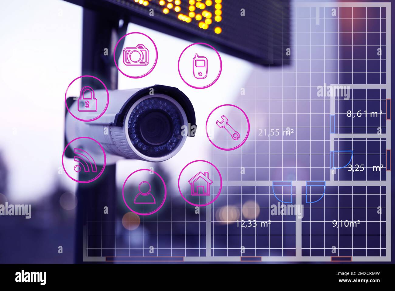 Modern CCTV security camera on street and icons Stock Photo - Alamy