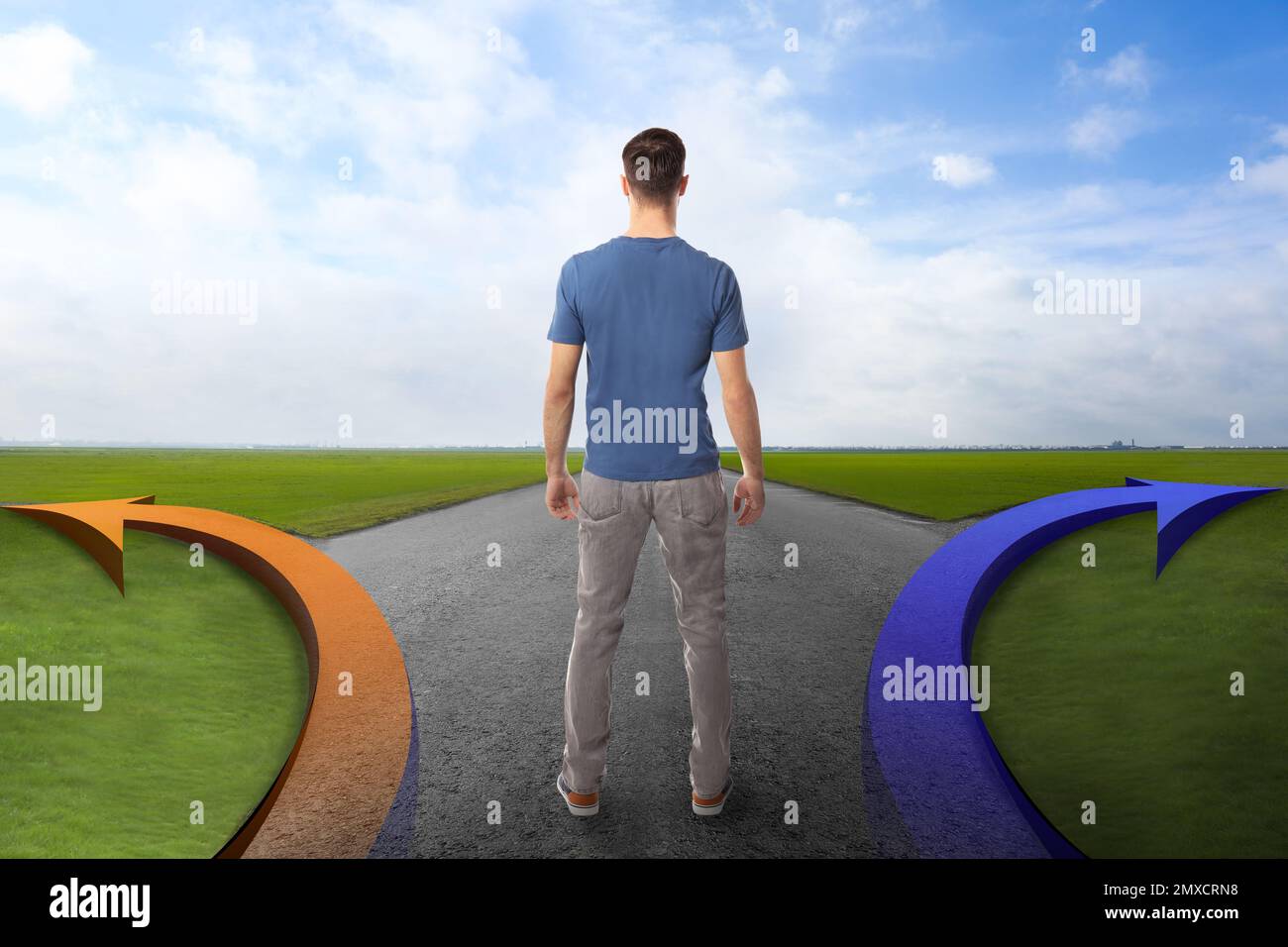 Man standing at crossroads. Concept of choice between different ways ...
