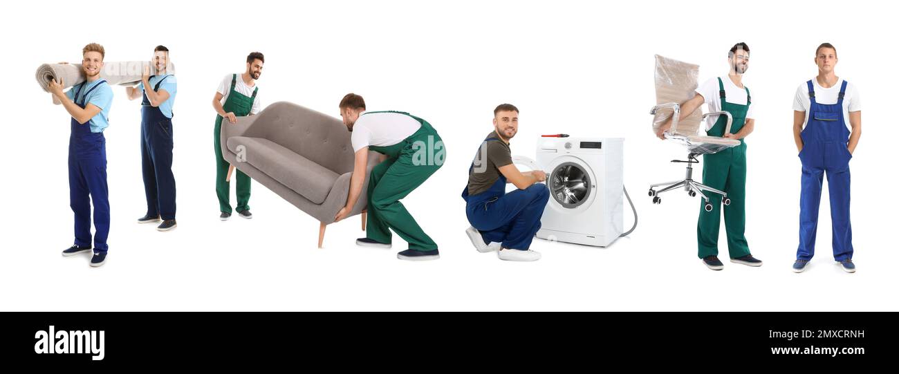 Collage with photos of workers carrying furniture and appliance on ...