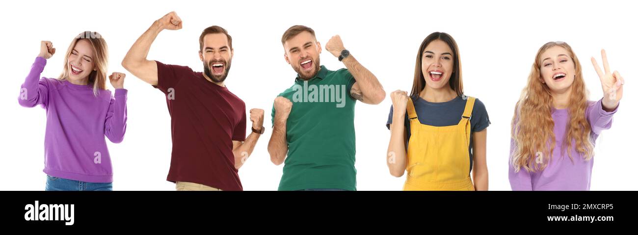 Collage with photos of happy people celebrating victory on white ...