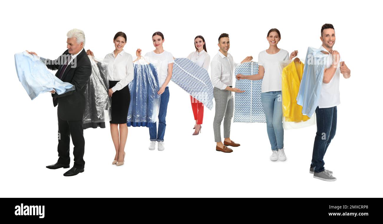 Collage with photos of people holding clothes in plastic bags on white ...