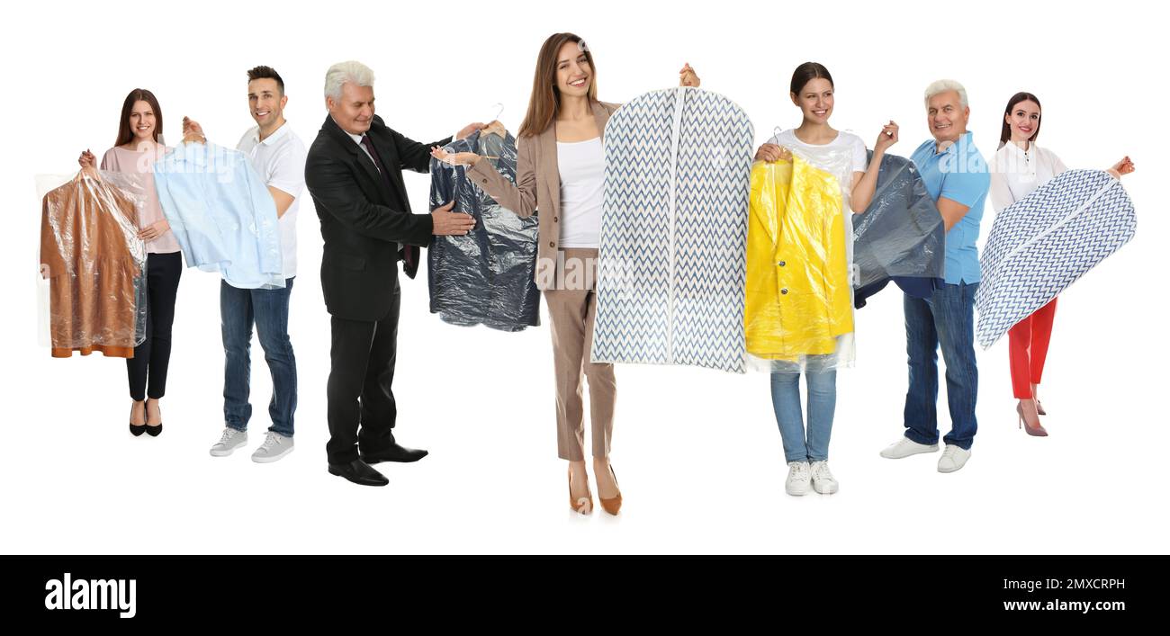 Collage with photos of people holding clothes in plastic bags on white ...