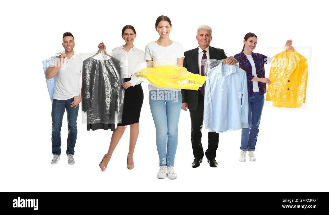 Collage with photos of people holding clothes in plastic bags on white ...