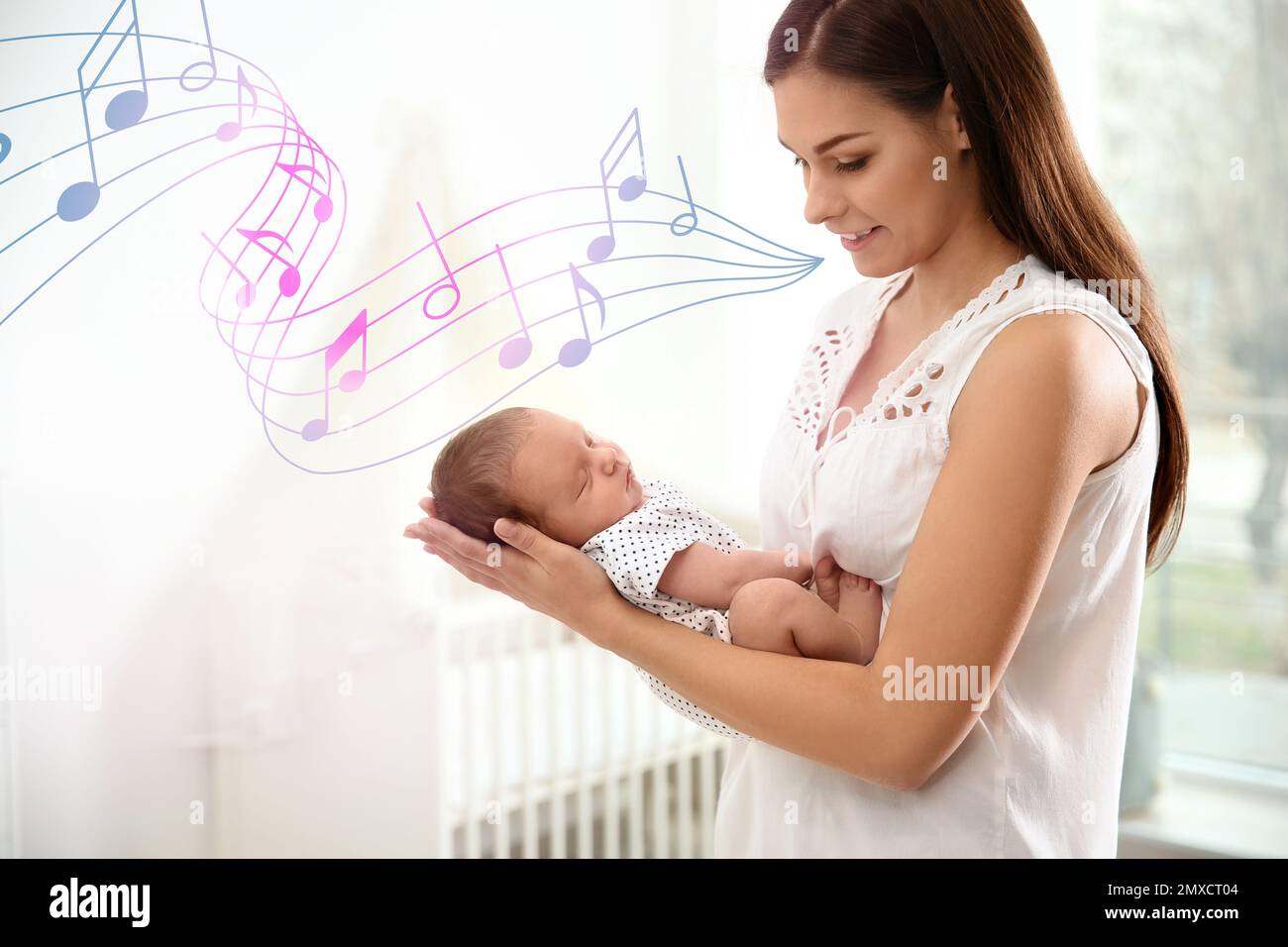 Flying music notes and young woman and her newborn baby at home ...