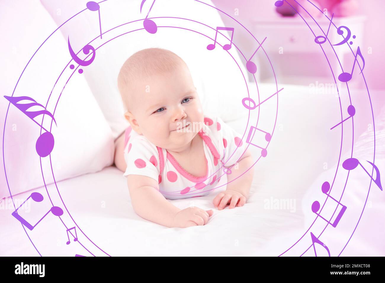 Flying music notes and cute baby girl on bed at home. Lullaby songs ...