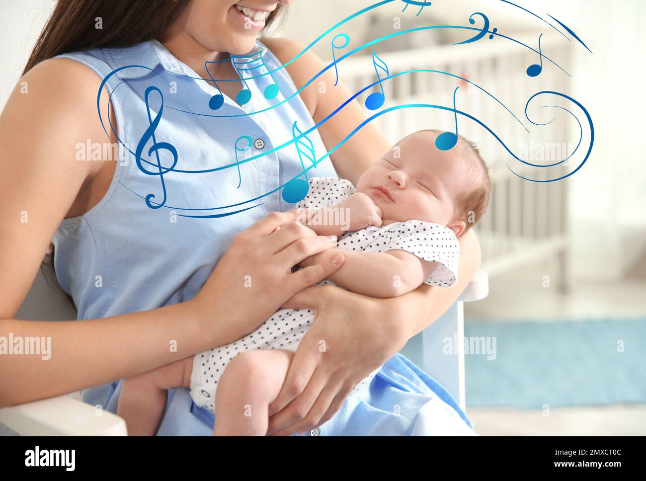 Flying music notes and young woman with her newborn baby at home ...