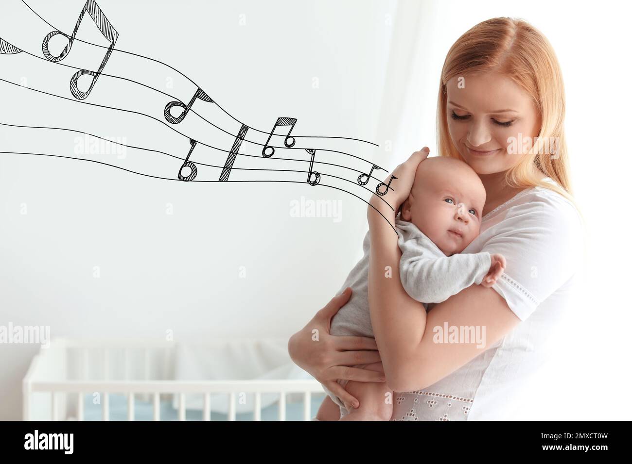Flying music notes and young mother and her baby at home. Lullaby songs ...