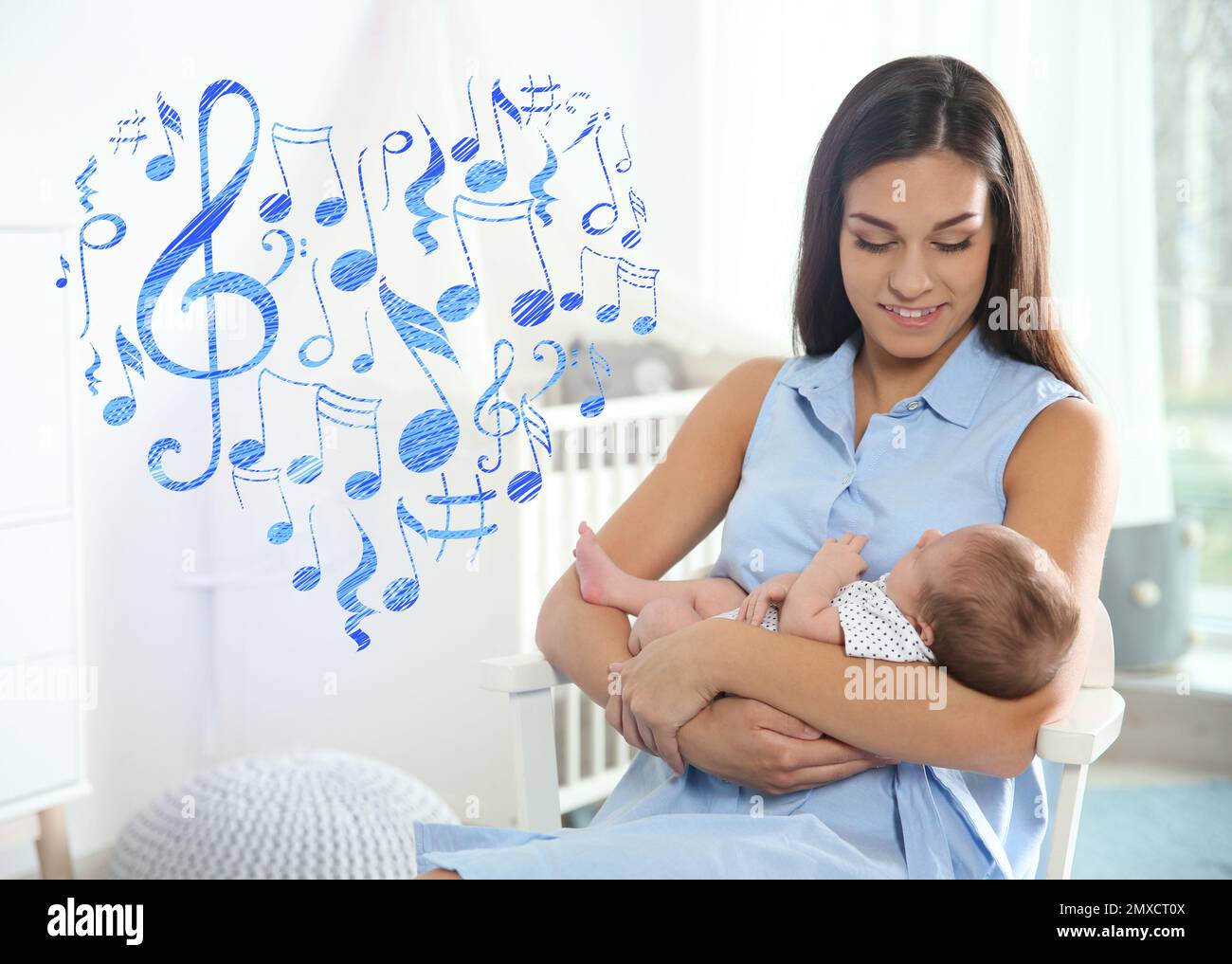 Flying music notes and young woman with her newborn baby at home ...