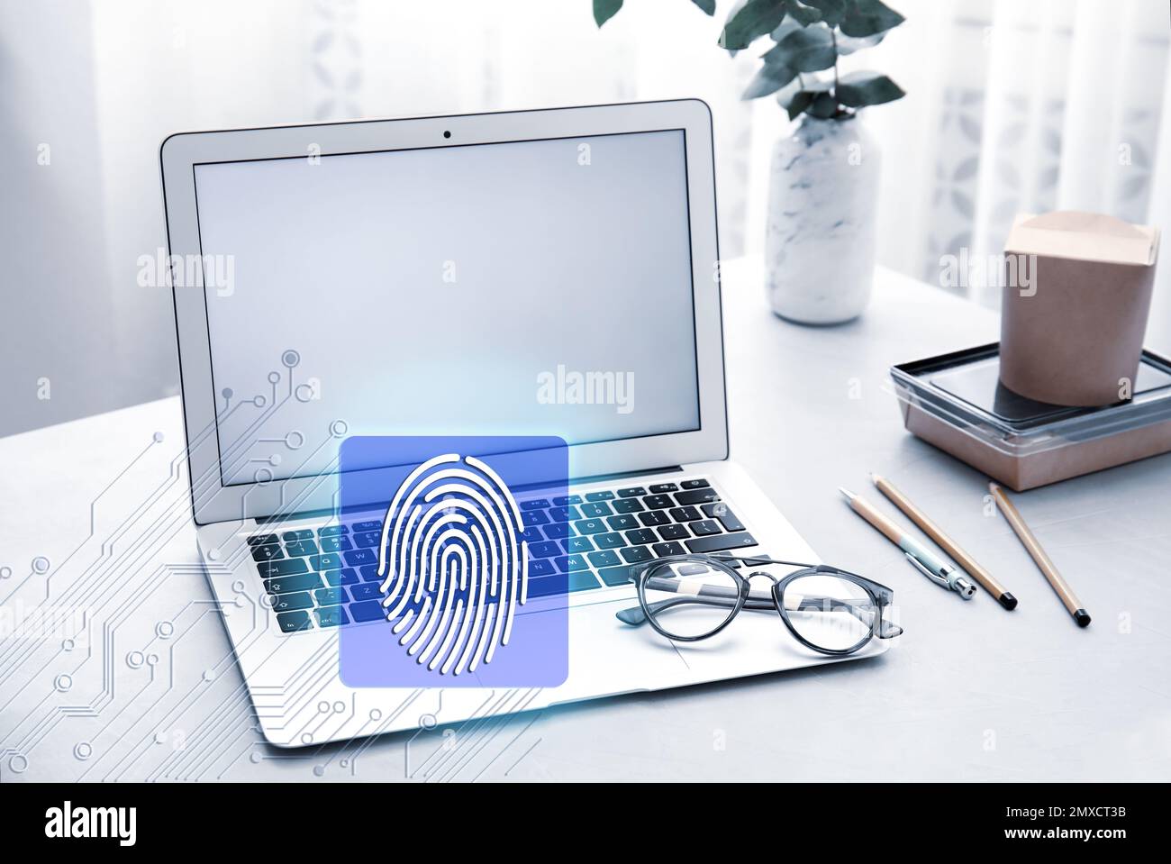Fingerprint identification. Modern laptop on table indoors Stock Photo ...