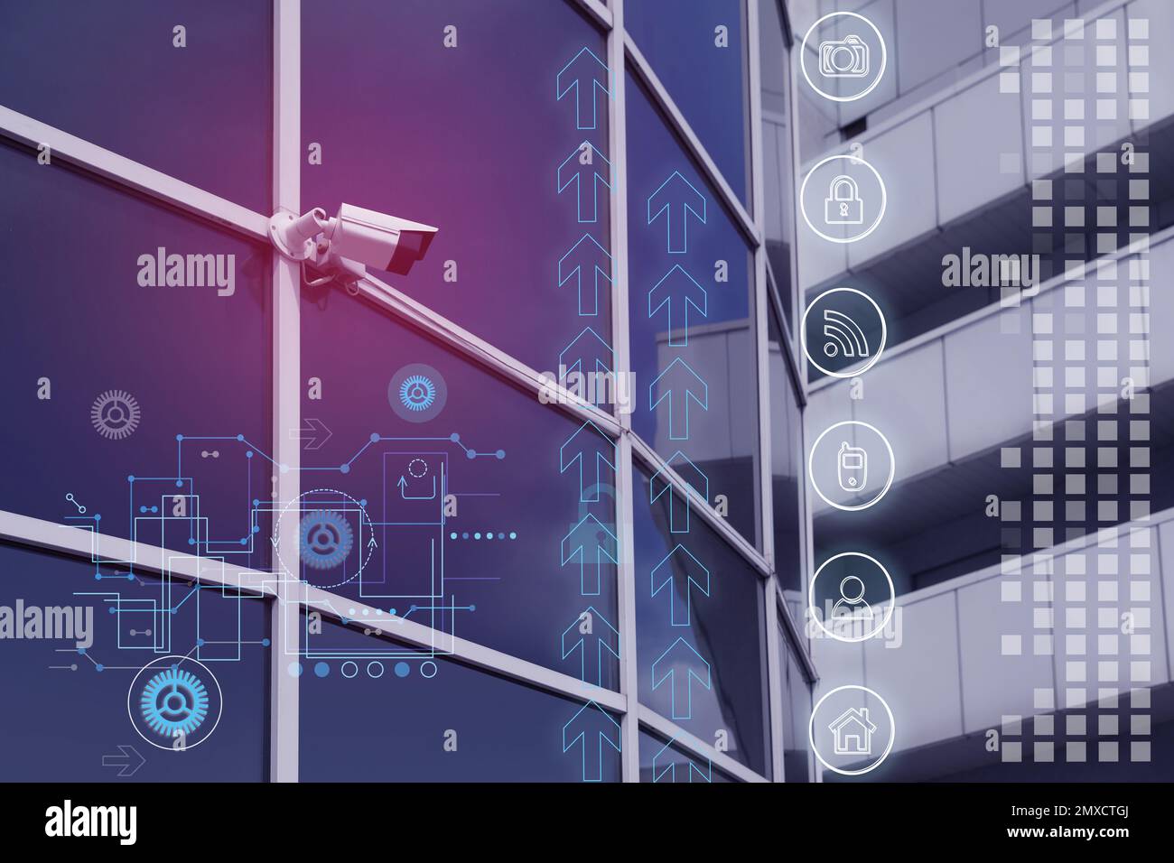 Modern CCTV security camera on building outdoors and icons Stock Photo ...