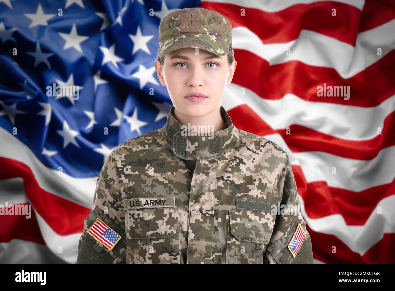 Female Soldier And American Flag