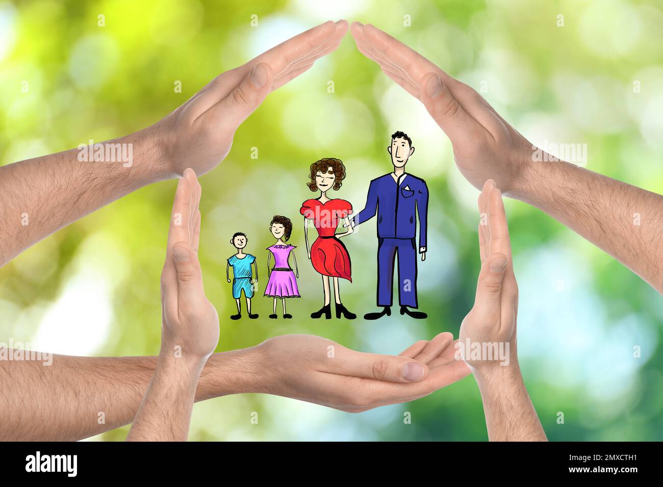 People forming house with their hands and illustration of family on ...