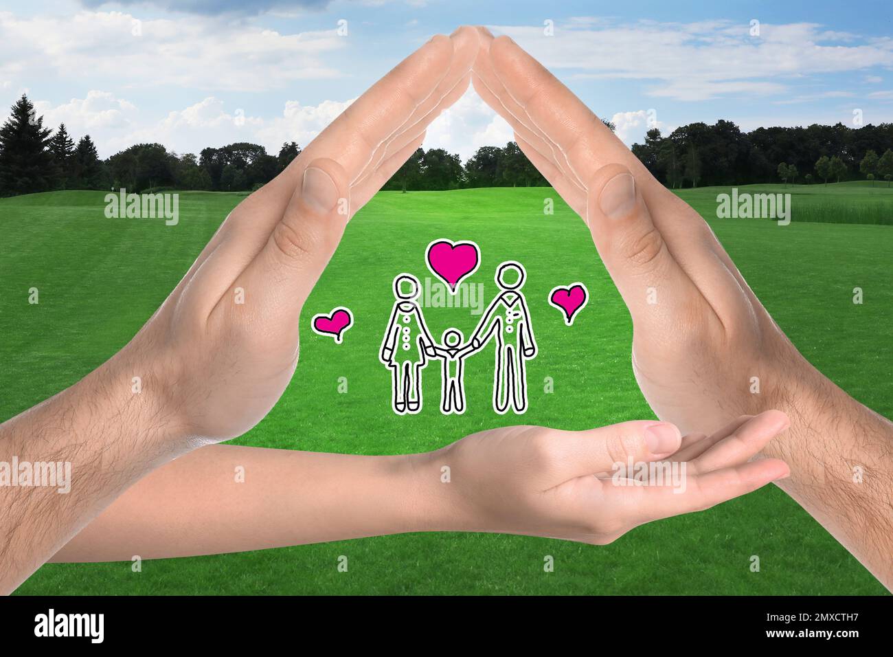 People forming house with their hands and illustration of family ...