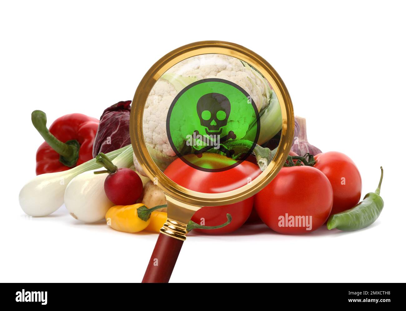 Magnifying glass and vegetables on white background. Food poisoning ...